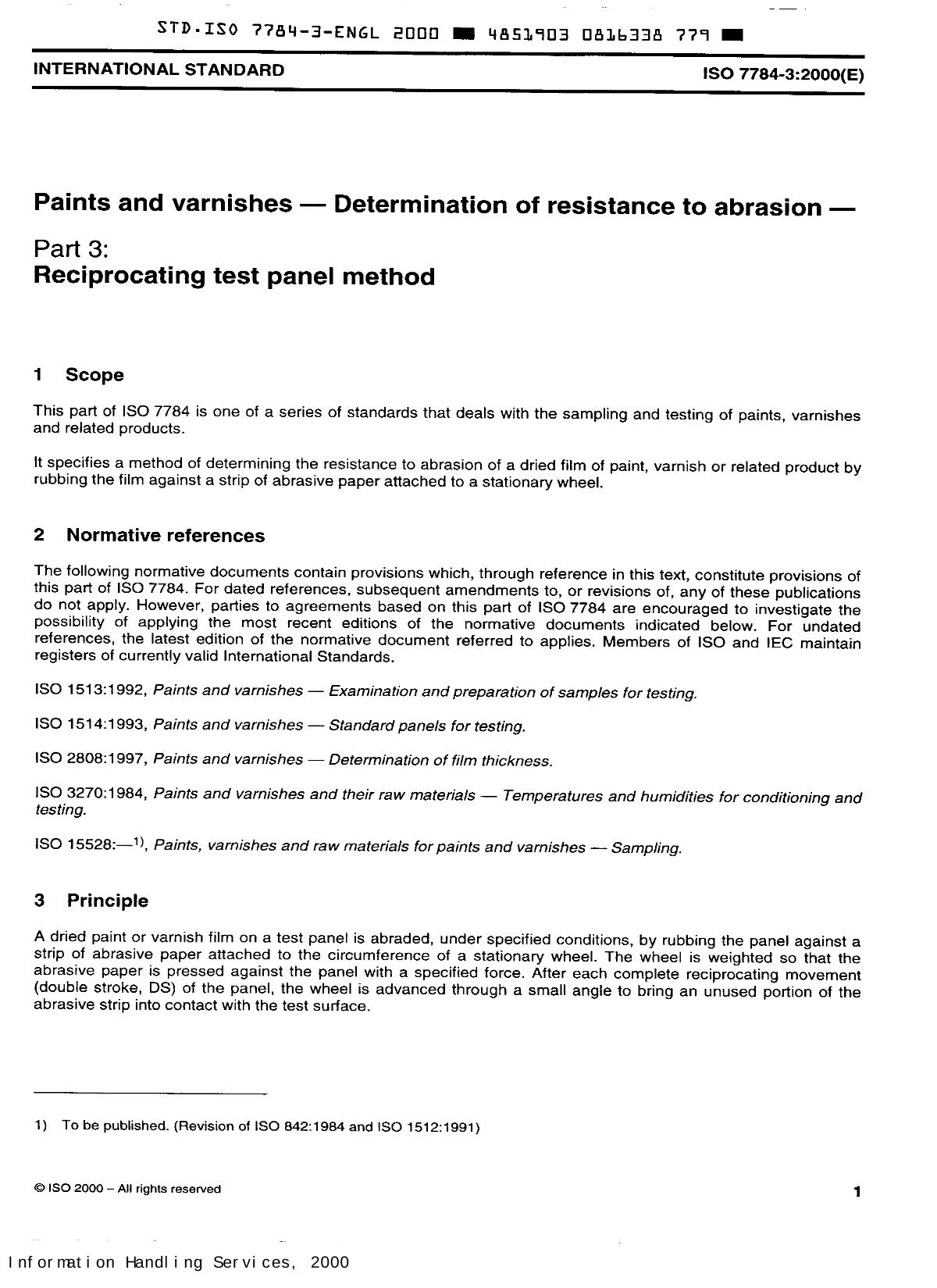 ISO 7784-3-2000 《色漆和清漆 耐磨性的测量 第 3 部分 ：往复运动试板法》 - 检测标准【南北潮商城】