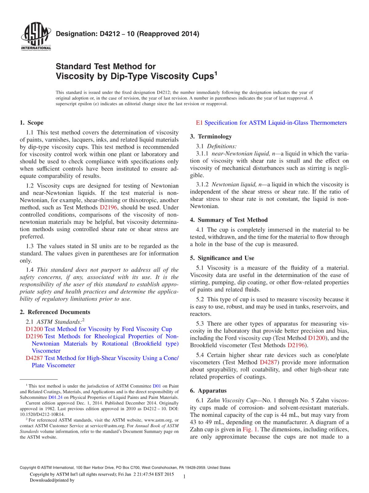 ASTM D4212-2016 《用浸入式黏度杯测定黏度》 - 检测标准【南北潮商城】