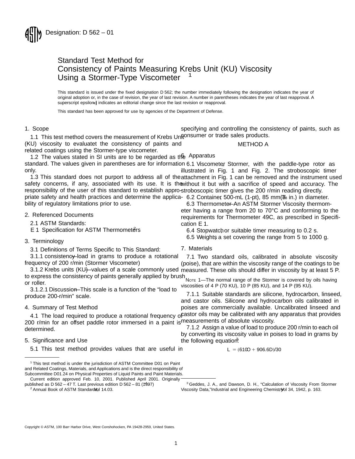 ASTM D562-01-2010 《斯氏粘度计测定涂料稠度的试验方法》 - 检测标准【南北潮商城】