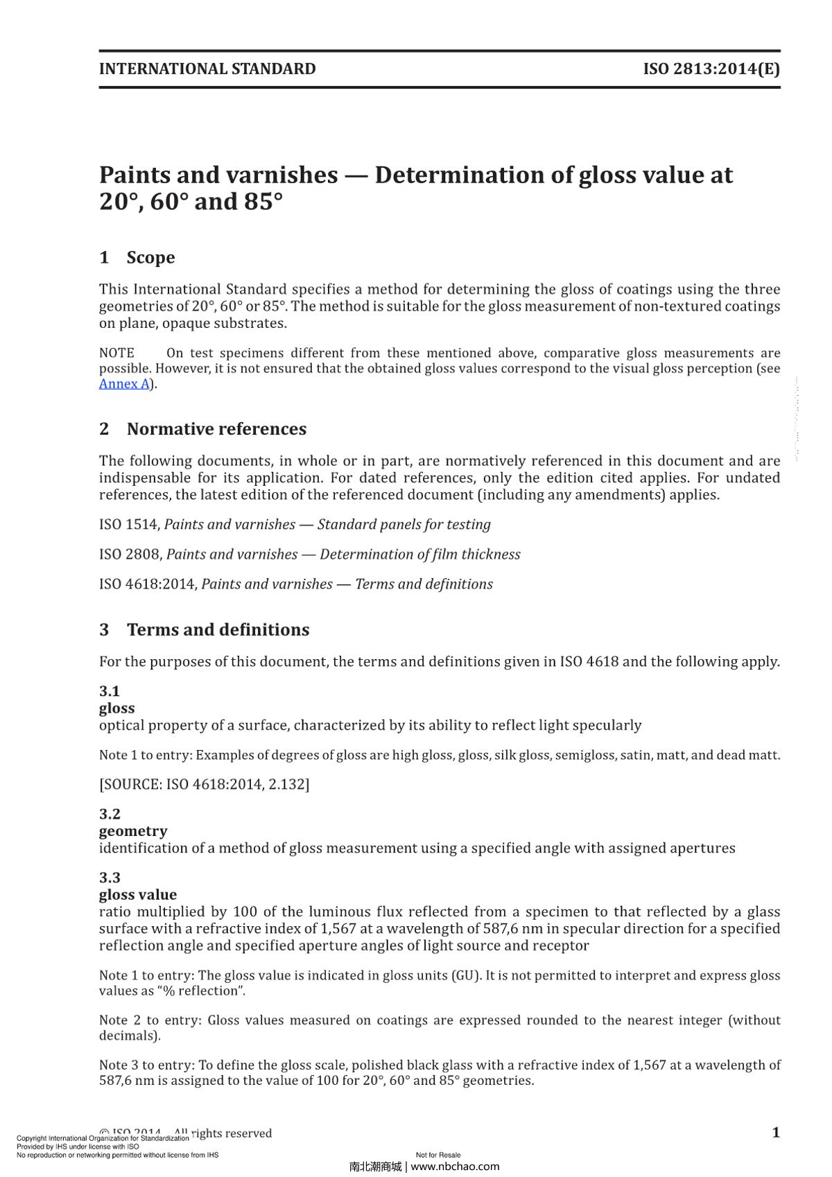 ISO 2813-2014 《色漆和清漆-在20°、60°和85°非金属色漆漆膜镜面光泽的测定》 - 检测标准【南北潮商城】