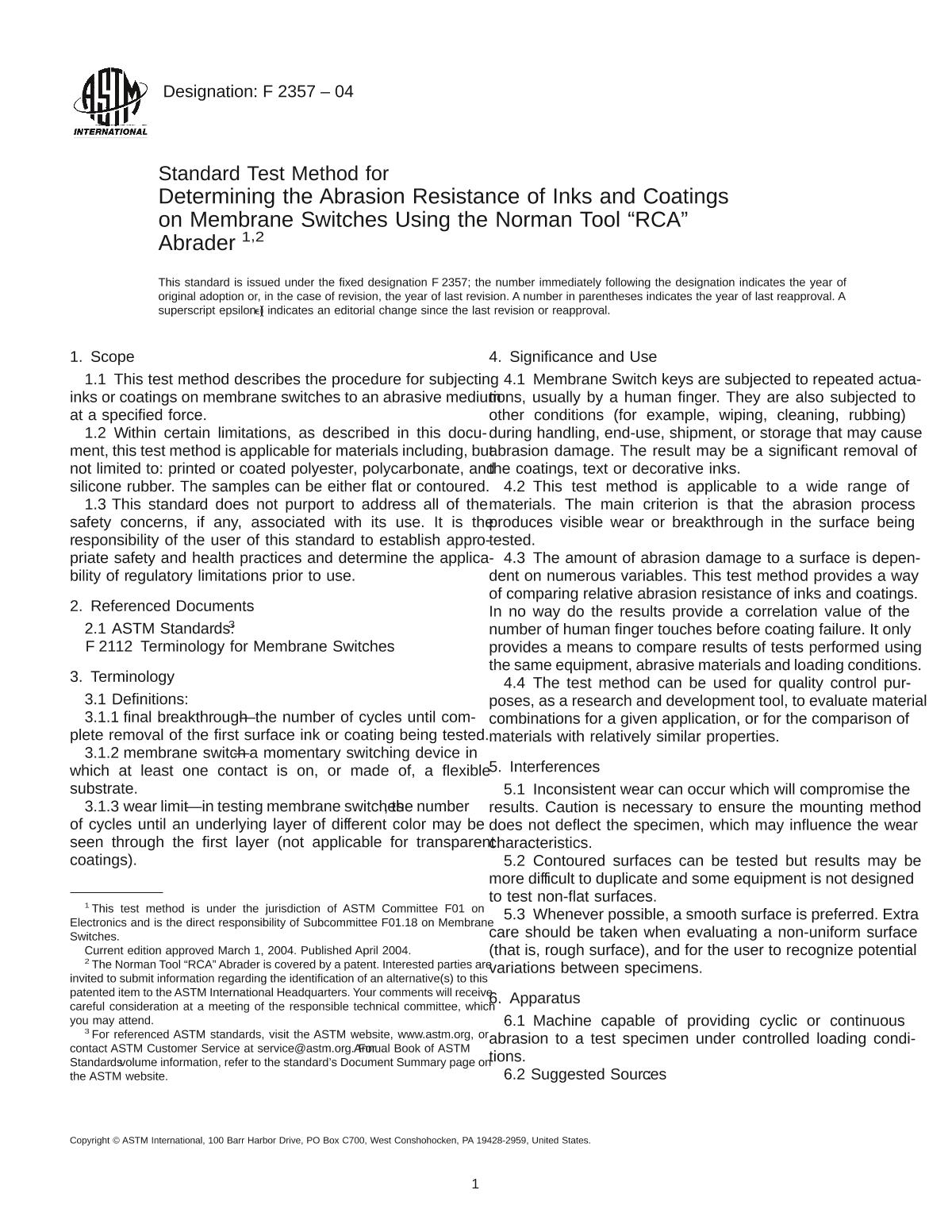 ASTM 2357-2004 《使用Normantool RCA纸带磨耗机测定面板按键上的涂层和油墨耐磨性》 - 检测标准【南北潮商城】