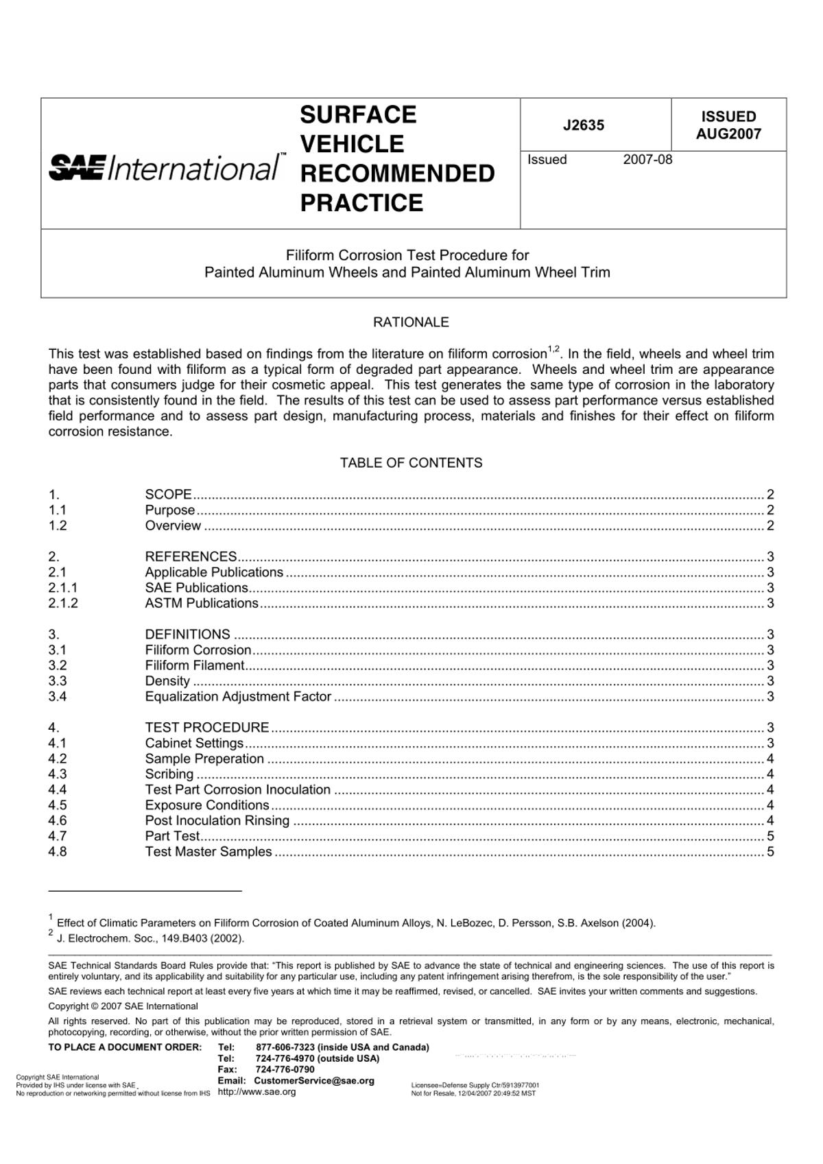 SAE J2635-2007 《喷漆铝车轮和喷漆铝车轮装饰的丝状腐蚀试验程序》 - 检测标准【南北潮商城】