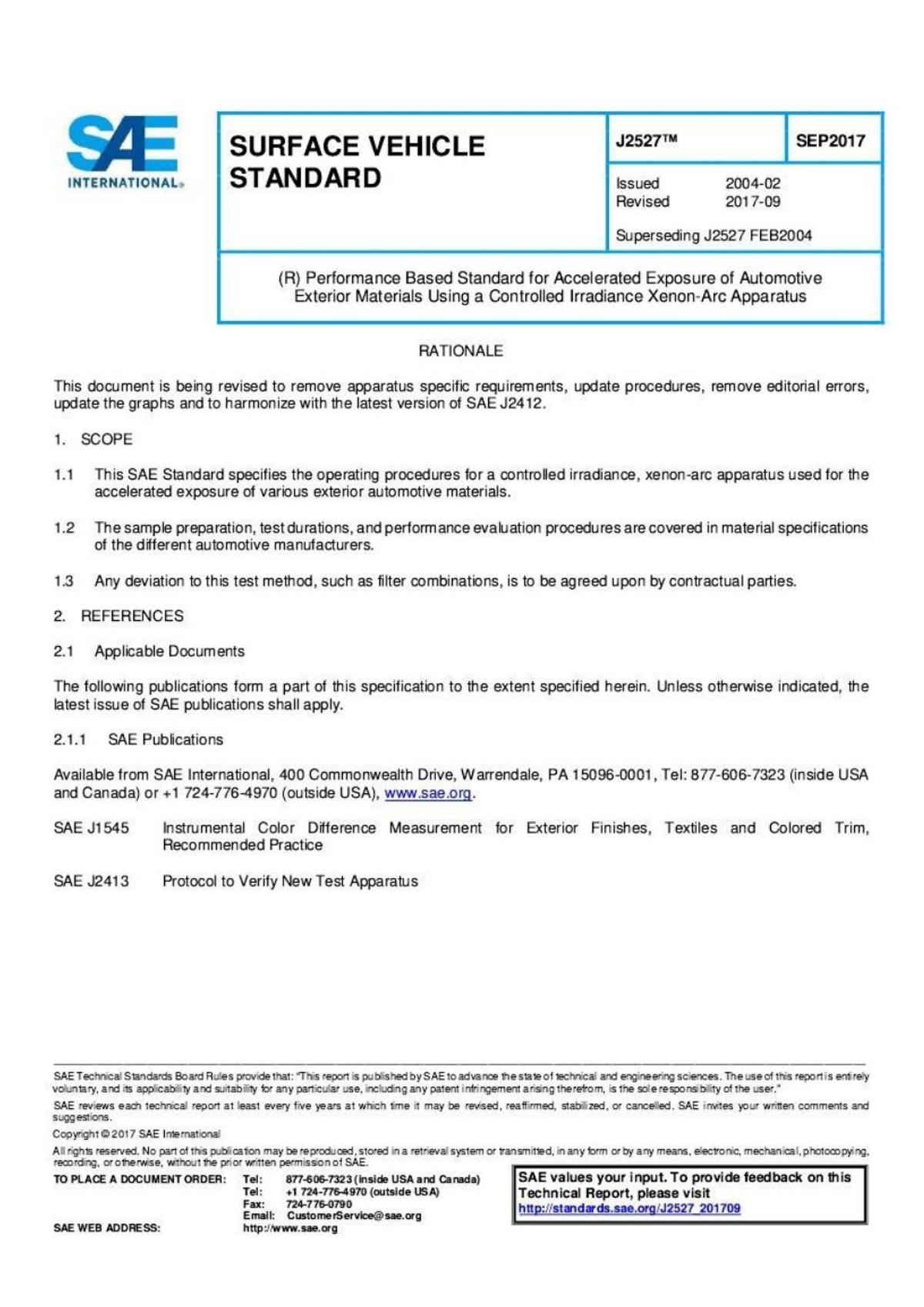 SAE J2527-2017 《使用可控辐照度的氙灯装置对汽车外饰件进行加速曝晒》 - 检测标准【南北潮商城】