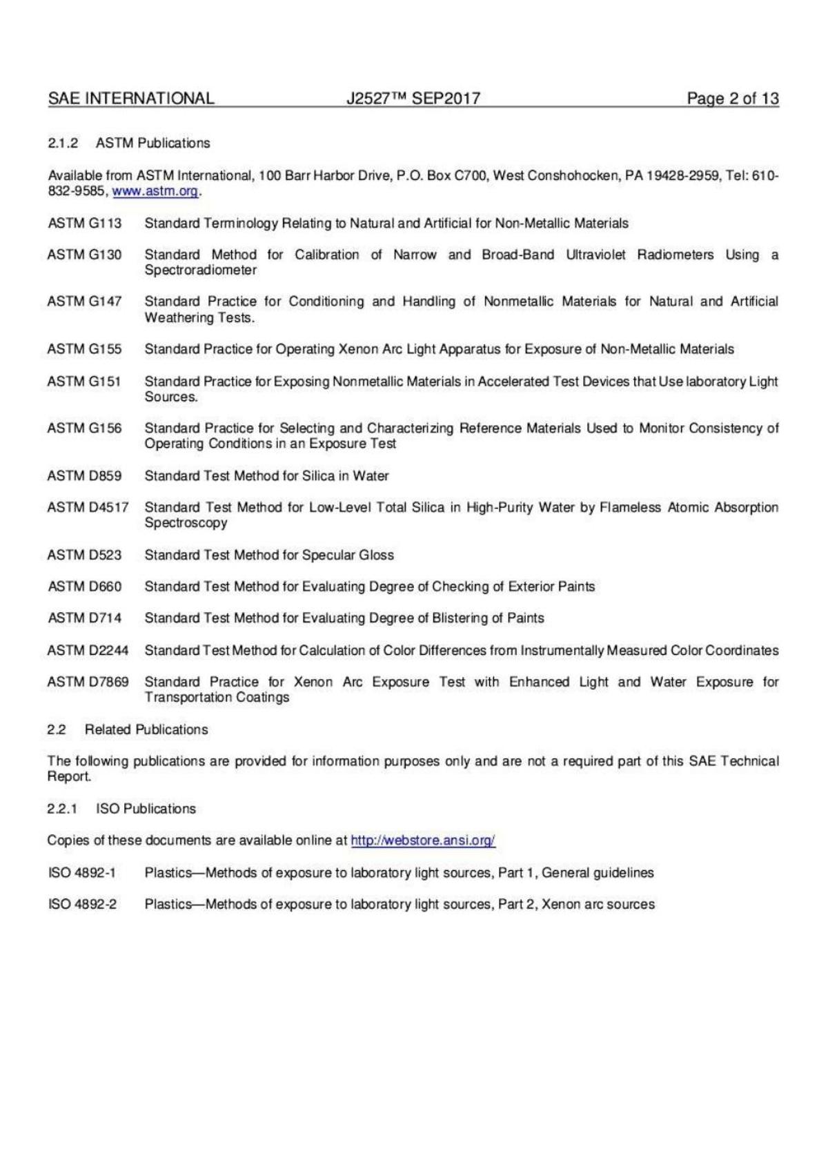 SAE J2527-2017 《使用可控辐照度的氙灯装置对汽车外饰件进行加速曝晒》 - 检测标准【南北潮商城】