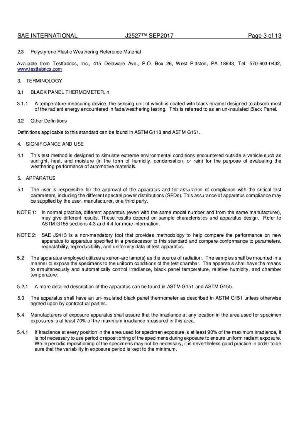 SAE J2527-2017 《使用可控辐照度的氙灯装置对汽车外饰件进行加速曝晒》 - 检测标准【南北潮商城】