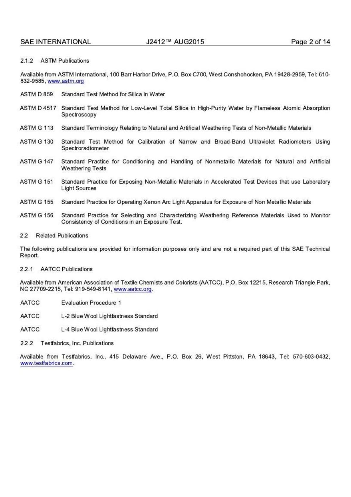 SAE J2412-2015 《使用可控辐照度氙弧装置加速汽车内饰部件的曝光》 - 检测标准【南北潮商城】