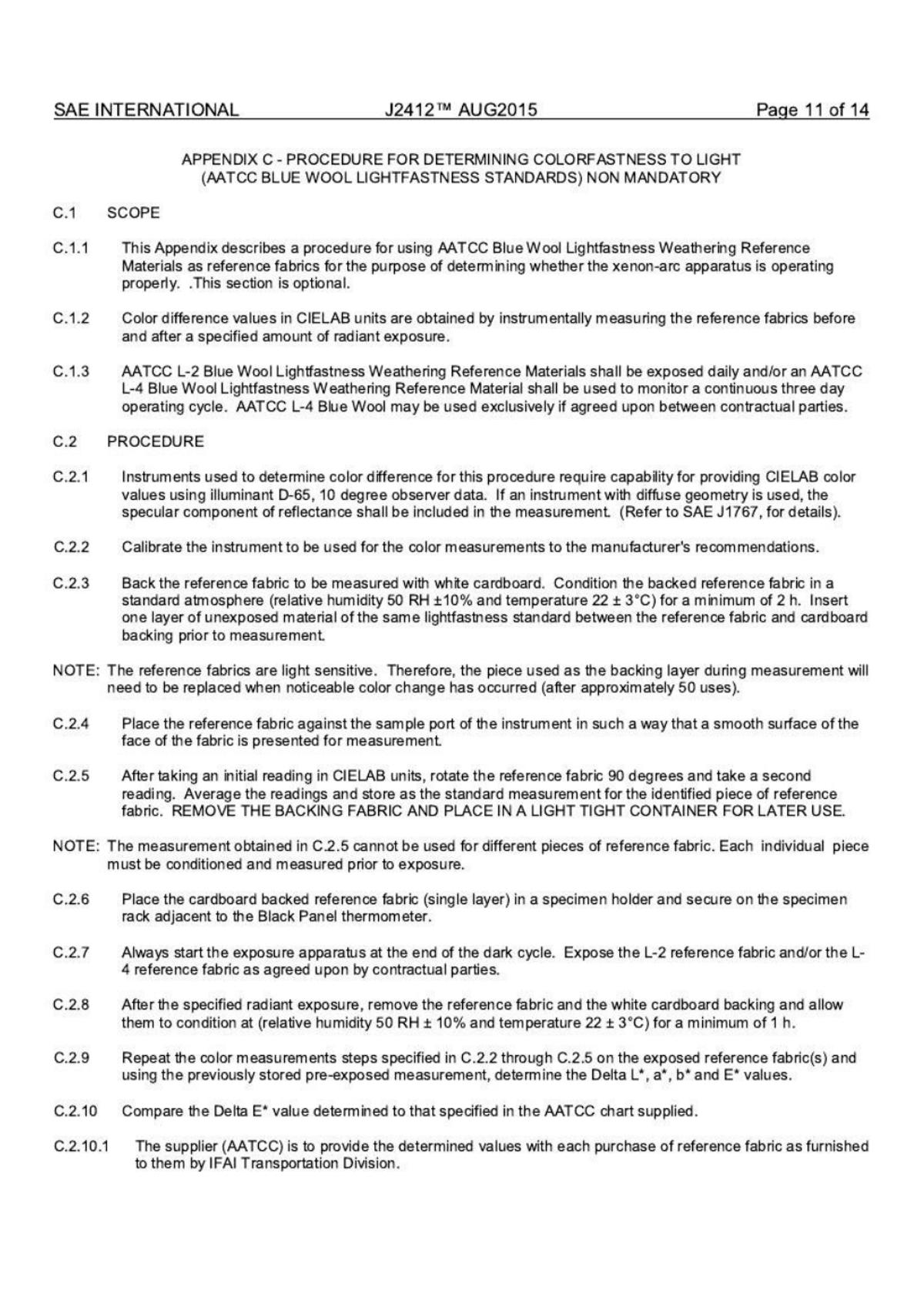 SAE J2412-2015 《使用可控辐照度氙弧装置加速汽车内饰部件的曝光》 - 检测标准【南北潮商城】