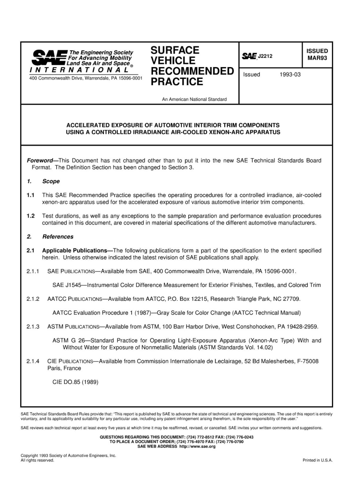 SAE J2212-1993 《使用可控辐照的风冷氙弧设备进行汽车内饰部件的快速暴露试验》 - 检测标准【南北潮商城】