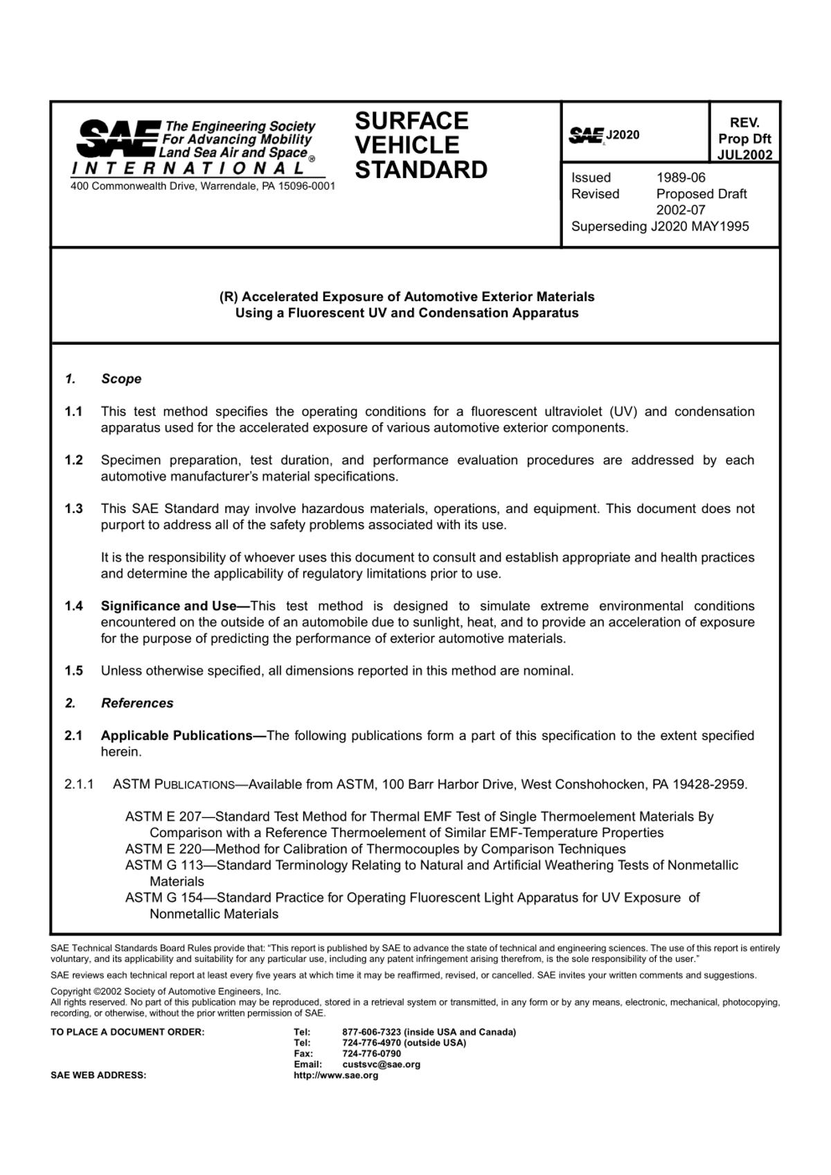 SAE J2020-2002 《用荧光紫外线和冷凝装置加速汽车外部材料的曝光》 - 检测标准【南北潮商城】