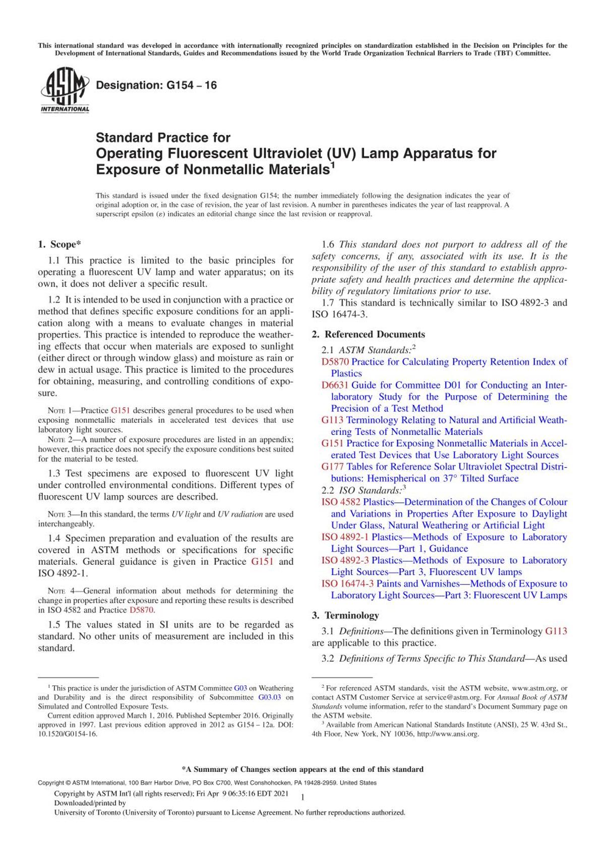 ASTM G154-2016 《非金属材料曝光用荧光紫外线（UV）灯设备的操作标准实施规程》 - 检测标准【南北潮商城】