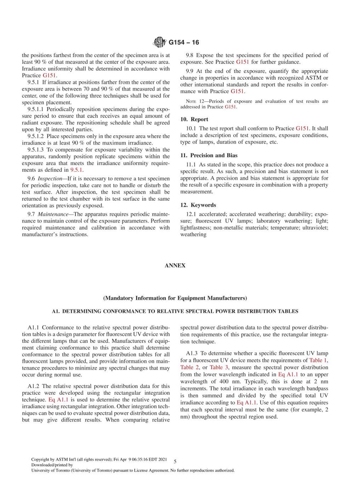 ASTM G154-2016 《非金属材料曝光用荧光紫外线（UV）灯设备的操作标准实施规程》 - 检测标准【南北潮商城】