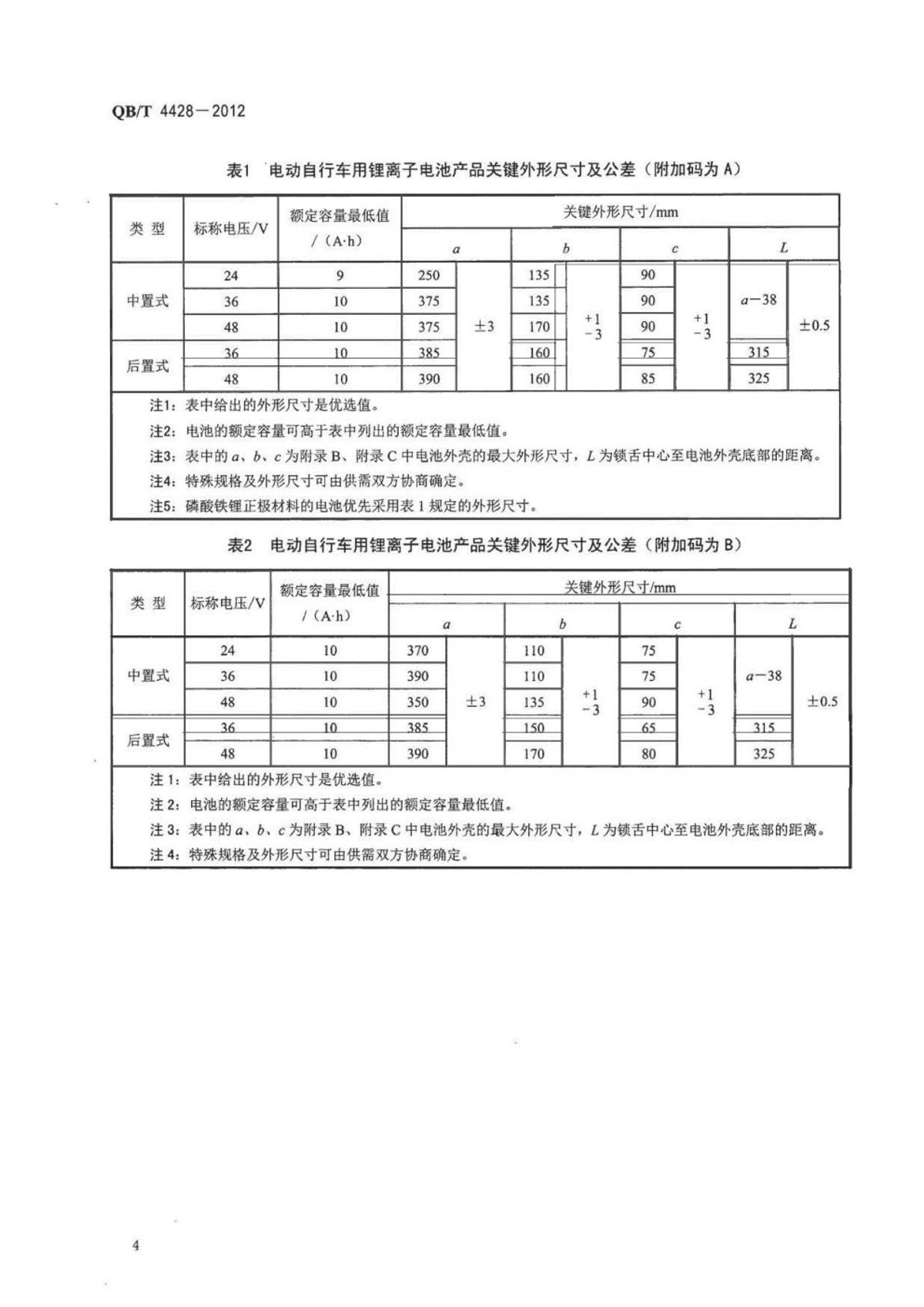 QB/T 4428-2012 《电动自行车用锂离子电池产品规格尺寸》 - 检测标准【南北潮商城】